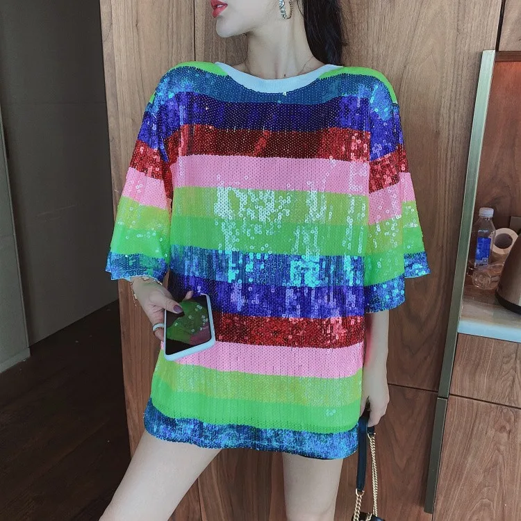 New Rainbow Striped TShirt Women's Sequined Embroidery Mesh T shirts ...