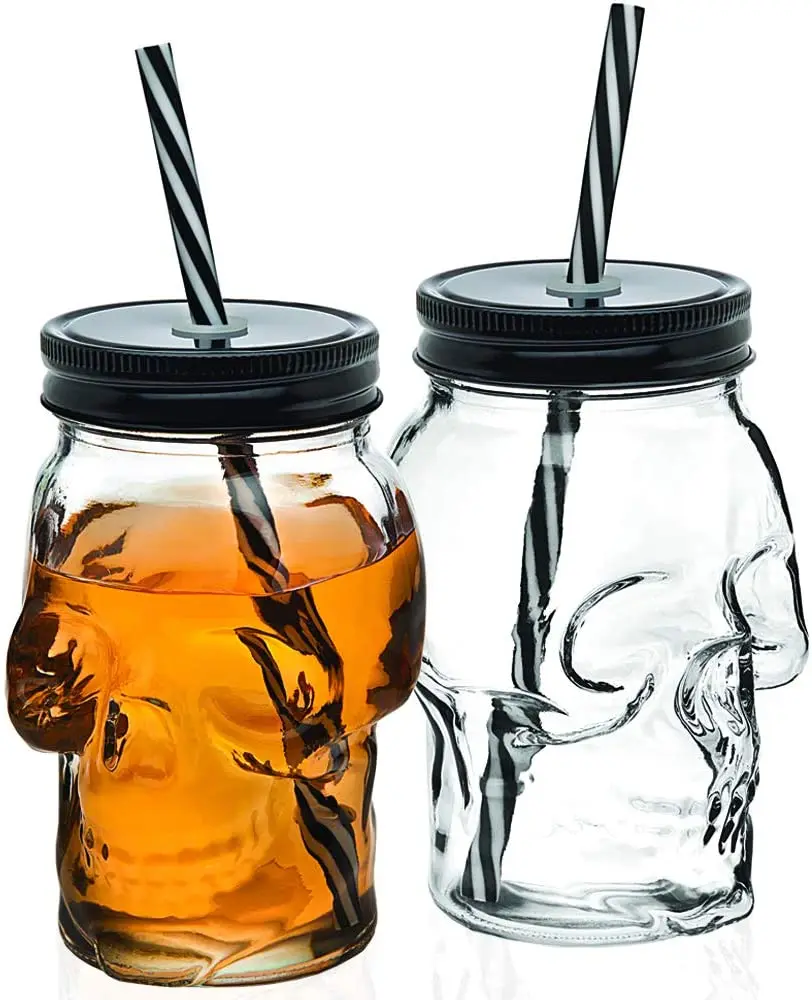 Skull-Glass-Mason-Jar-Mug-Tumbler-Cup-With-Lids-And-Straw-Skull-Face ...