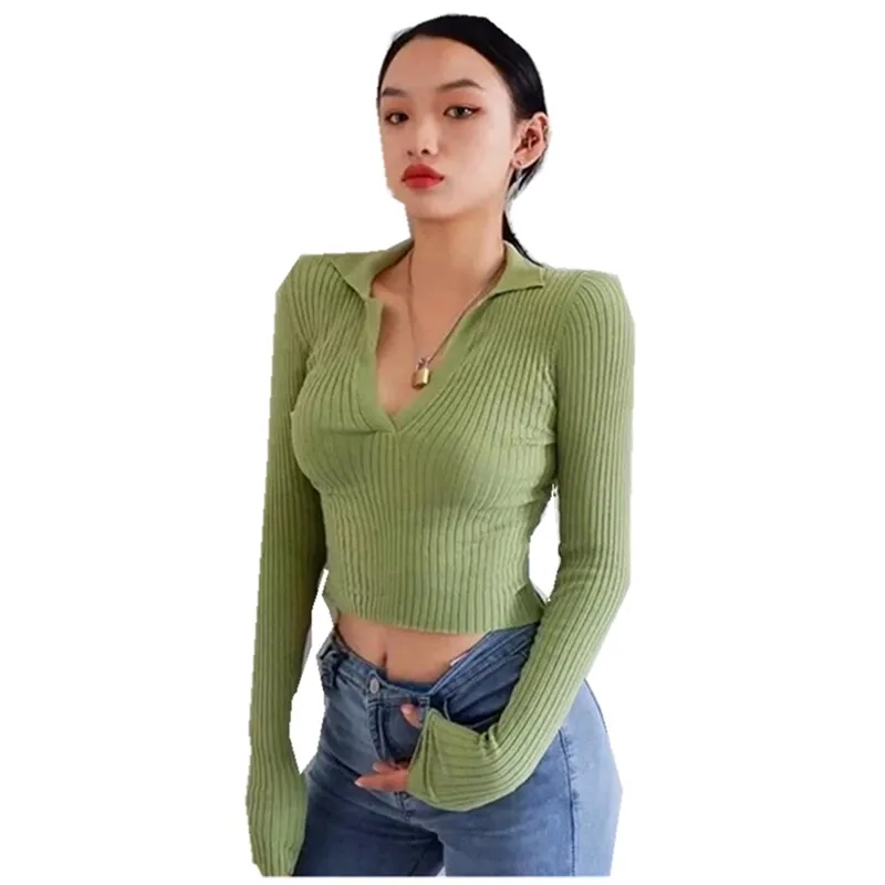 Women Knitting Striped Line Lapel V neck Sweater Vintage Exposed navel ...