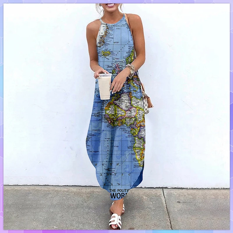 New World Map Pattern Printing Women's Dress Hot Summer Tank Strap ...