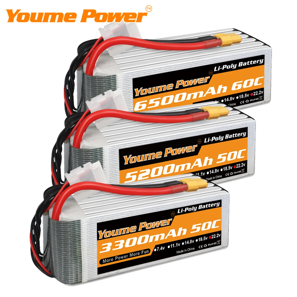 Youme 6S 22.2V Lipo Battery 3300mah 4000mah 4500mah 5200mah 6200mah 6500mah 60C XT60 T Deans ...