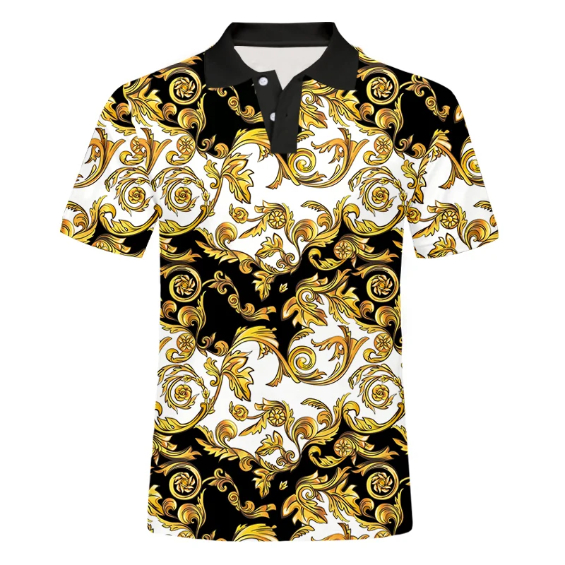 Luxury-Royal-Polo-Shirt-Men-Casual-short-Sleeve-Golden-Floral-Printed ...