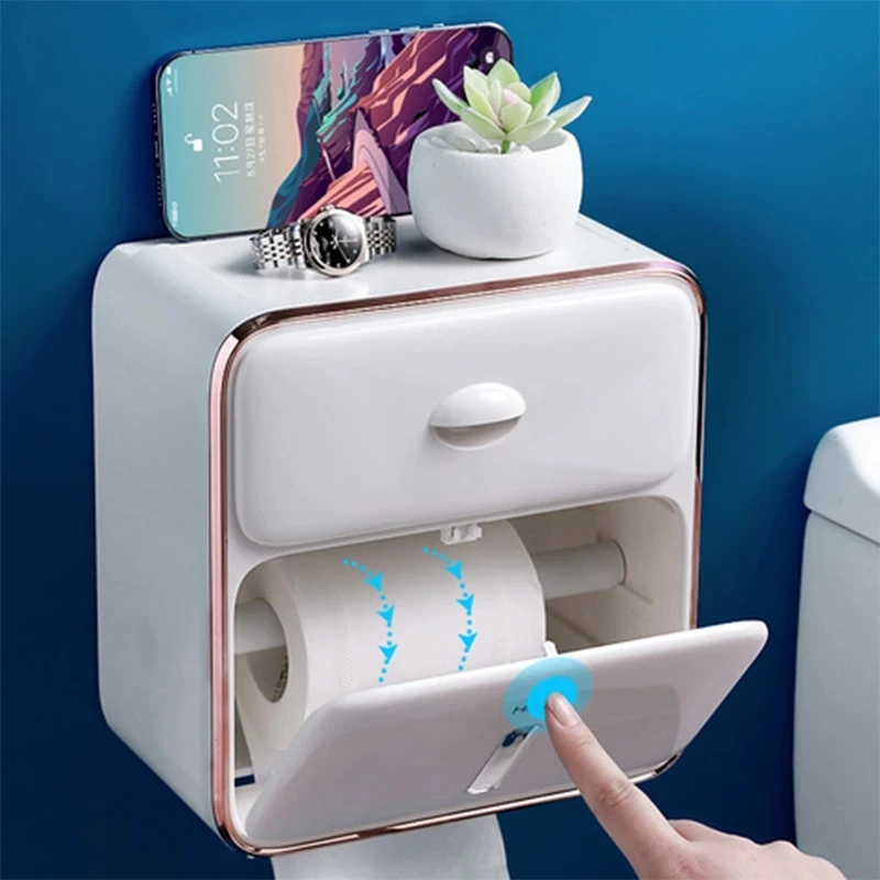 Soporte de papel higiénico montado en la pared, bandeja impermeable, tubo de rollo, caja de ...