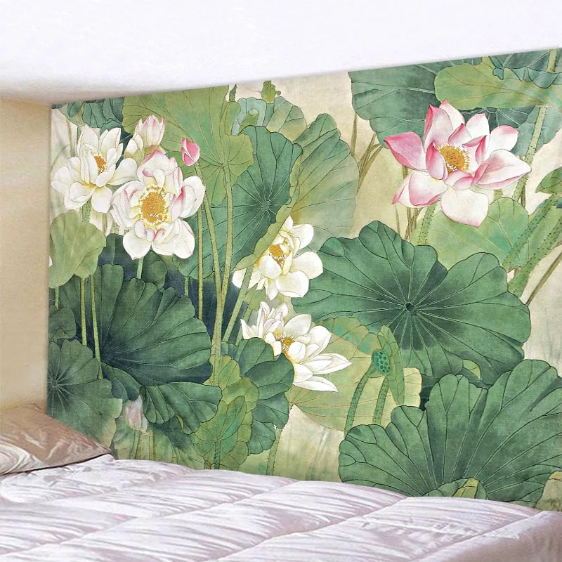 Lotus leaf lotus tapestry wall hanging bohemian hippie small fresh home ...