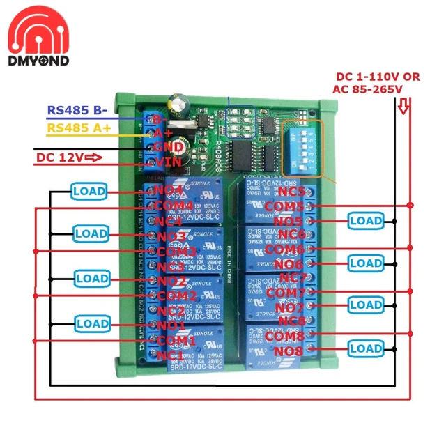Dc 12V 8 Ch Rs485 Relay Board Modbus Rtu Uart Távirányító Kapcsoló ...