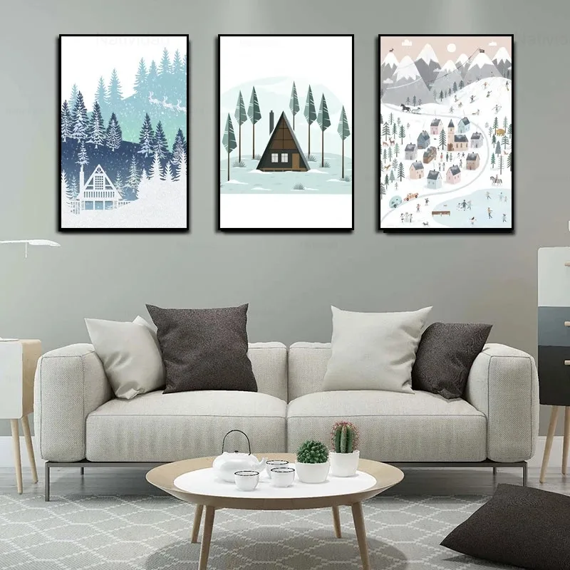 Canvas Painting Cartoon Mountain Forest Lake Nordic Poster Printing ...