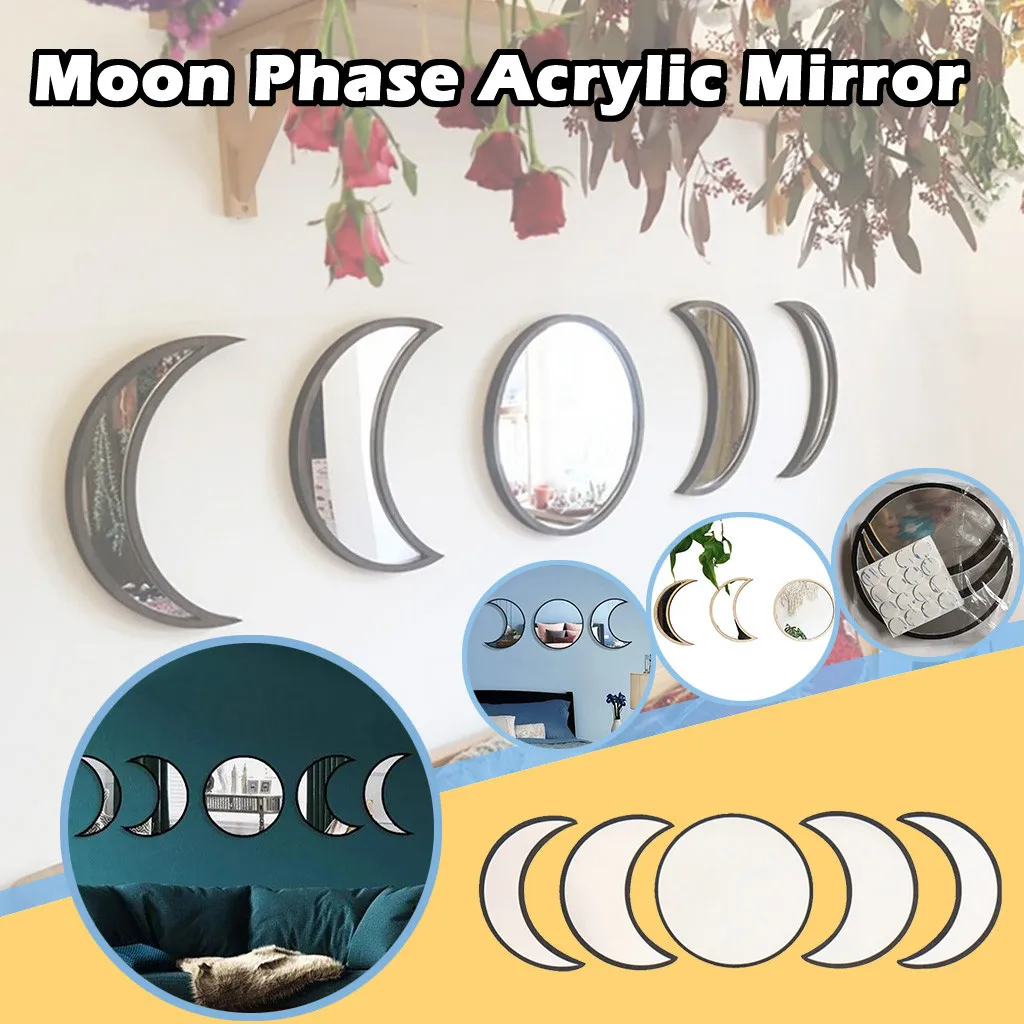 Nordic Style Wooden Decorative Mirror Moon Phase Mirror Wall Stickers ...