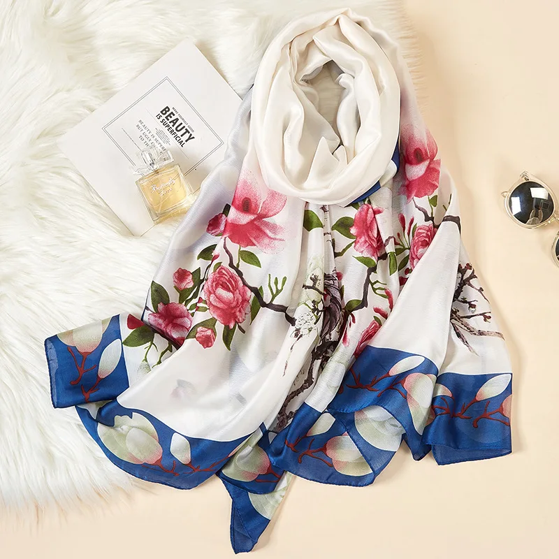 Cachecol feminino de seda com estampa de flor de pêssego, para ...