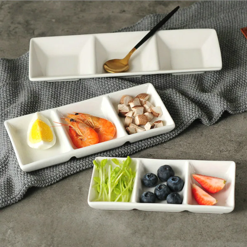 Ceramic Plate Pure White Ceramic Three Grid Seasoning Plate Salad Plate ...