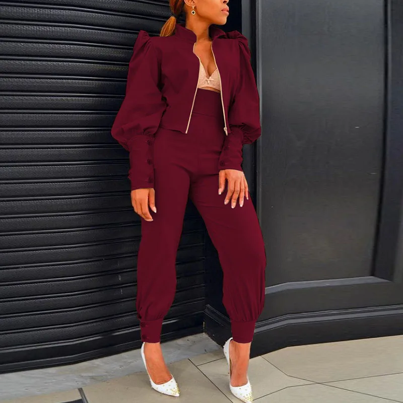 Women Two Piece Fall Tracksuit Lantern Sleeve Zip Up Jacket & Slim ...