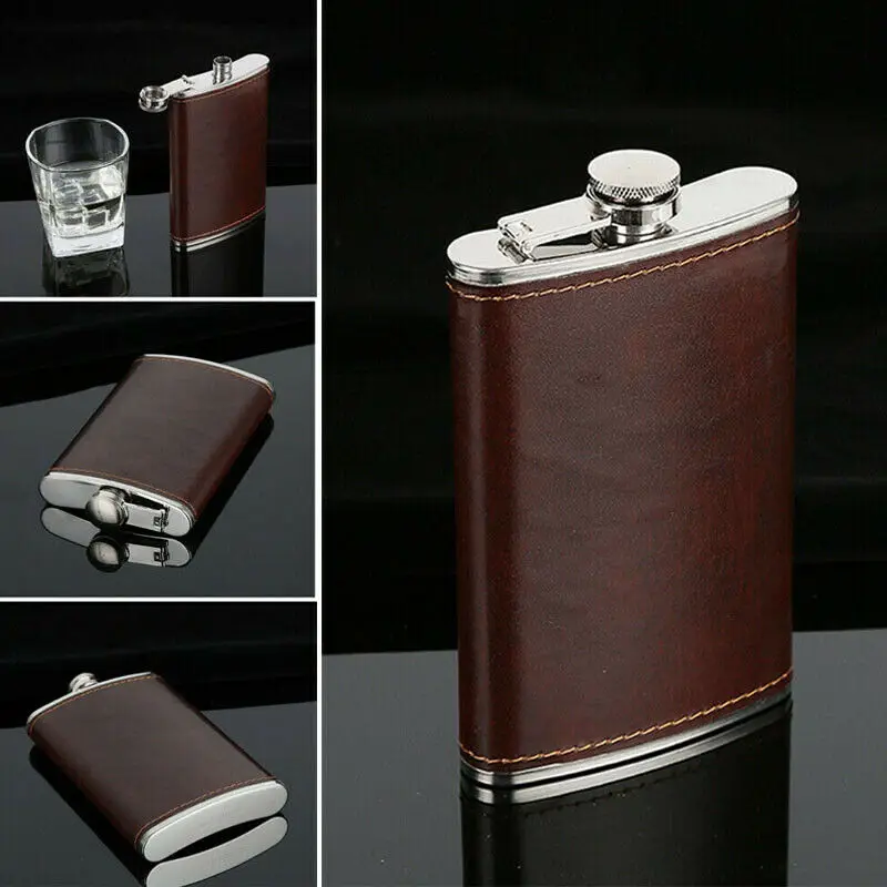 5-10 oz Luxury Pocket Hip Flask Brown Leather Covered Small Stainless ...