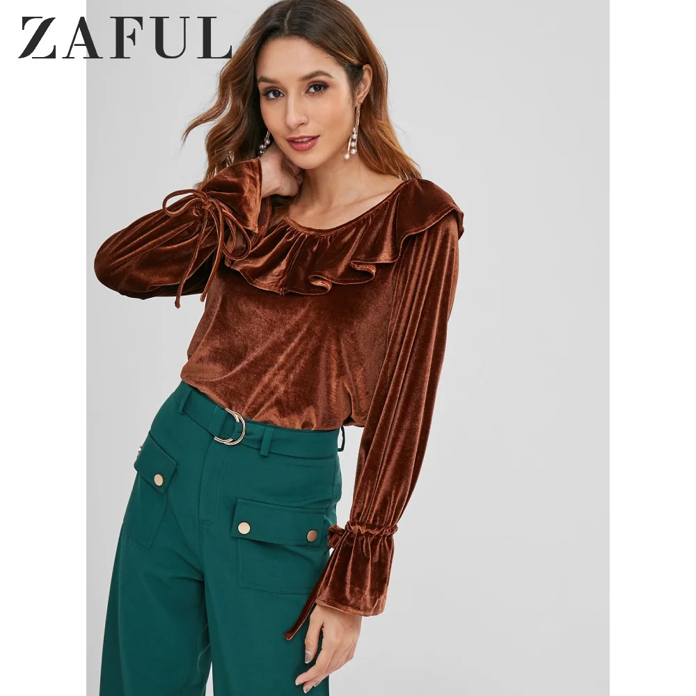 ZAFUL Ruffle Velvet Top Full Sleeve Bell Cuffs Blouse Boat Neck Flouncy ...