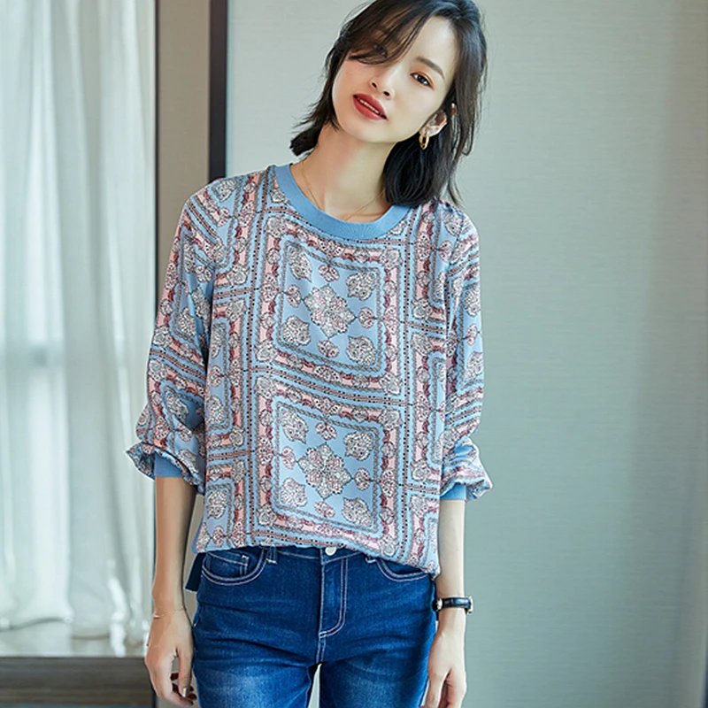 100% Silk Blouse Women Shirt Printed Patchwork Simple Design O Neck ...