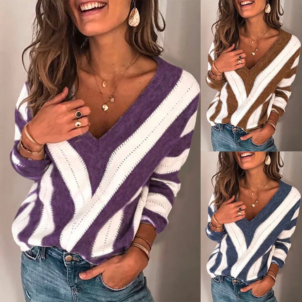 Базовый Однотонный свитер в полоску с глубоким v-образным вырезом на ...
