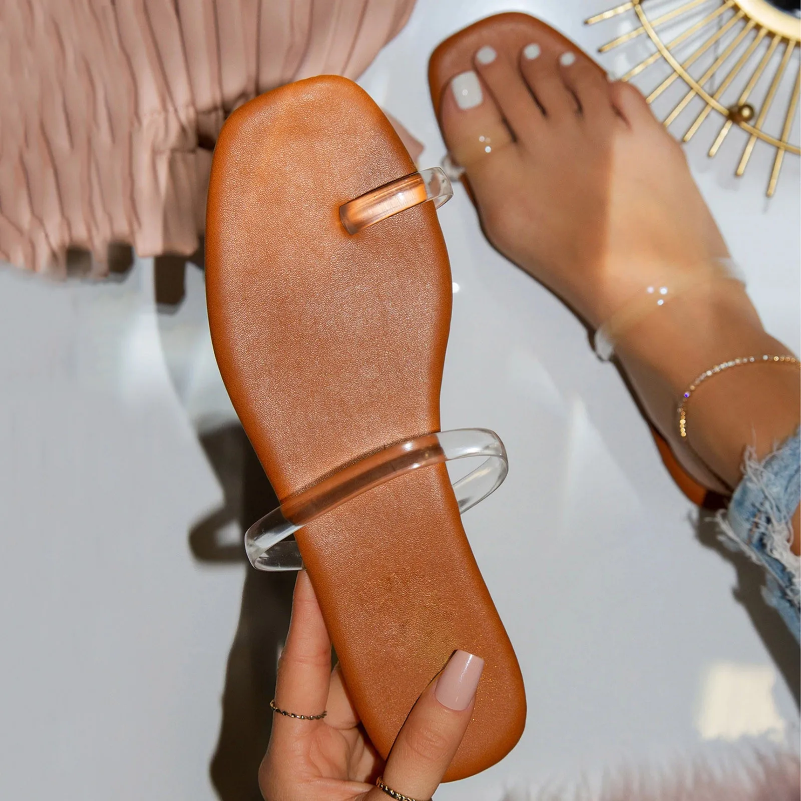 Chanclas-de-un-solo-dedo-con-hebilla-para-mujer-Sandalias-planas-de ...