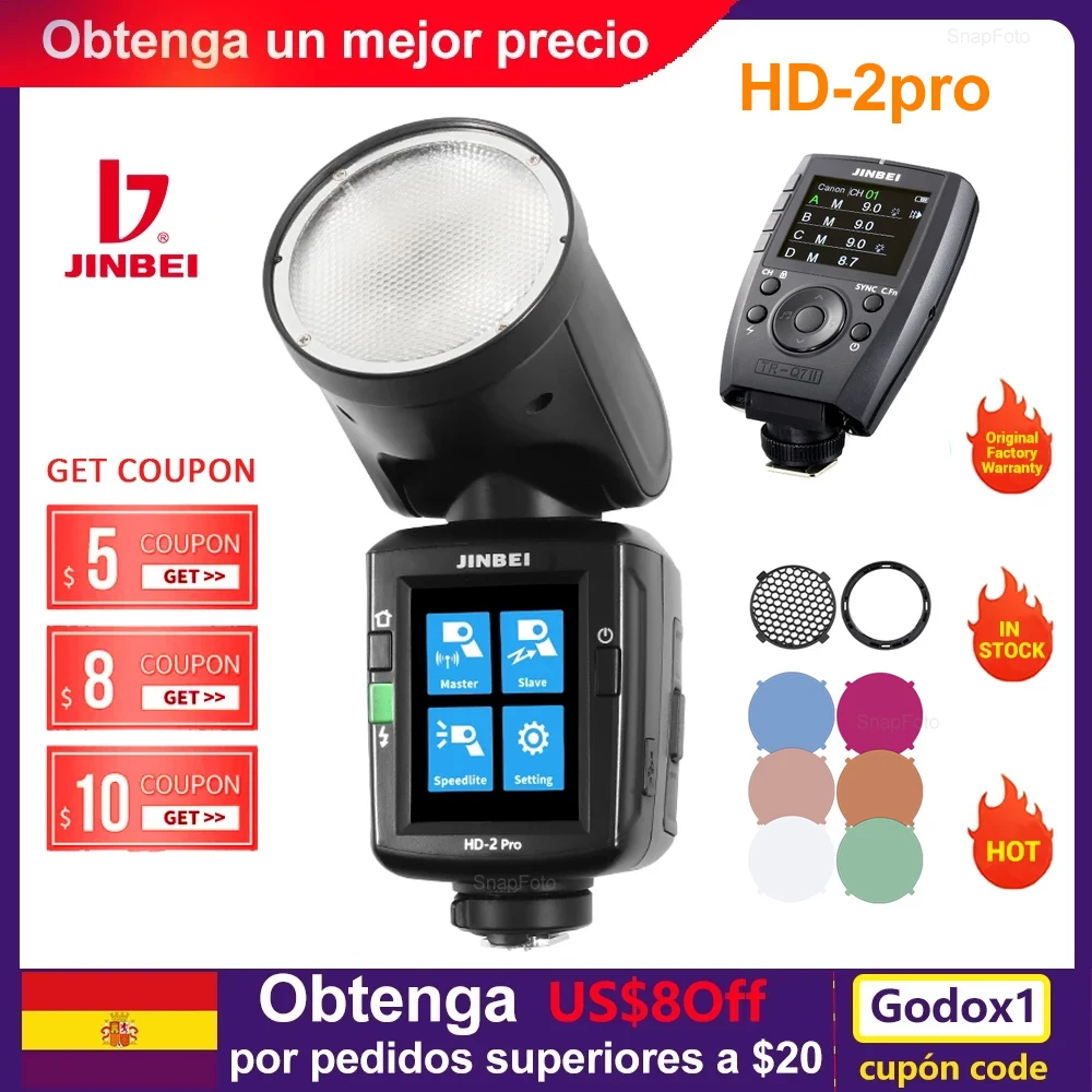 JINBEI HD2pro HD 2 프로 HSS TTL 야외 무선 플래시 터치 스크린 라운드 헤드 카메라 Speedlite 캐논 ...