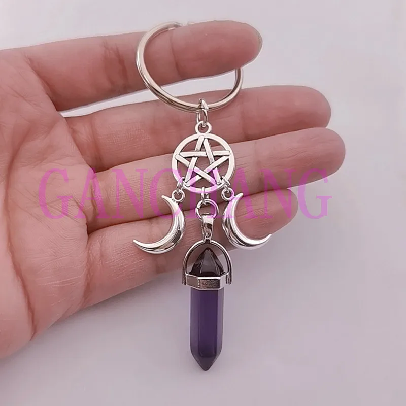 Triple-Goddess-Purple-Crystal-Pentacle-Moon-Keychain-dark-Moon-stone ...