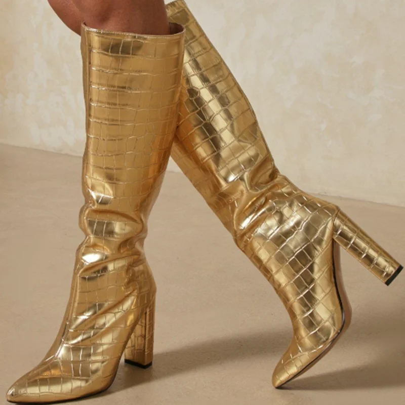 Trendy-Gold-Silver-Shoes-Boots-High-Chunky-Heel-Knee-High-Boots-for ...