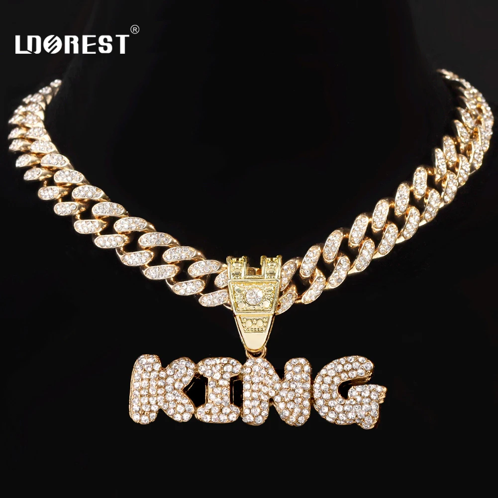 Men-Women-Hip-Hop-Bling-KING-QUEEN-Letter-Pendant-Necklace-13mm-Miami ...
