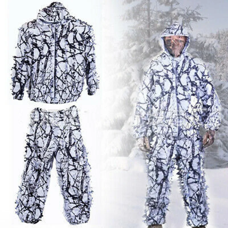 Sniper CS Bionic Camouflage Suit Men 3D Maple Leaf Ghillie Suits Winter White Snow Hunting ...