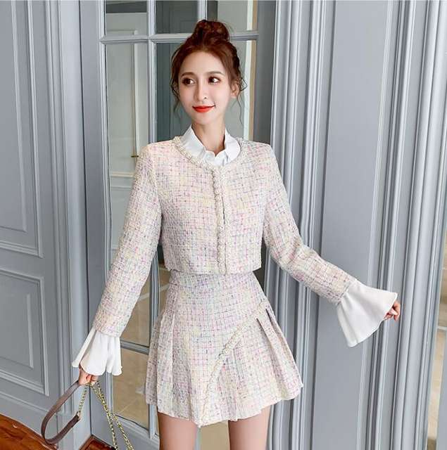 FREE SHIPPING Tweed Two Piece Set Short Jacket And Plaid Pleated A Line ...