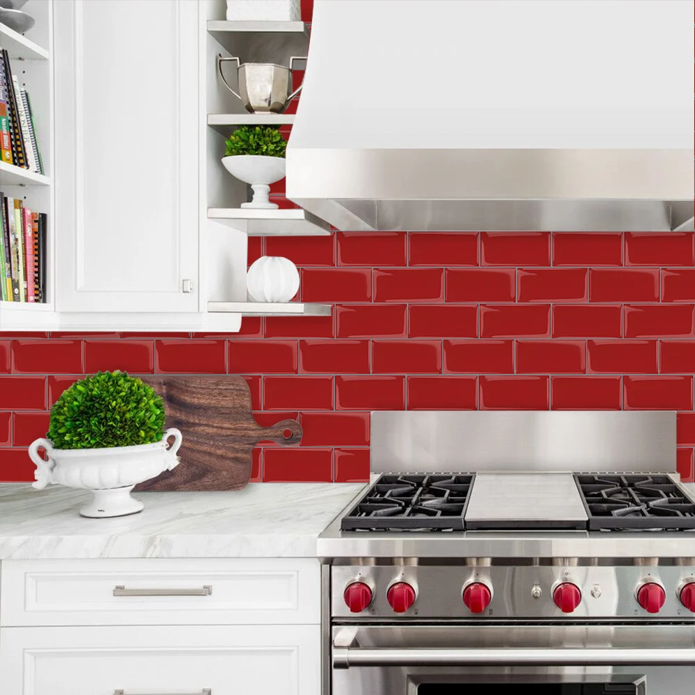 Red Subway Tile Kitchen