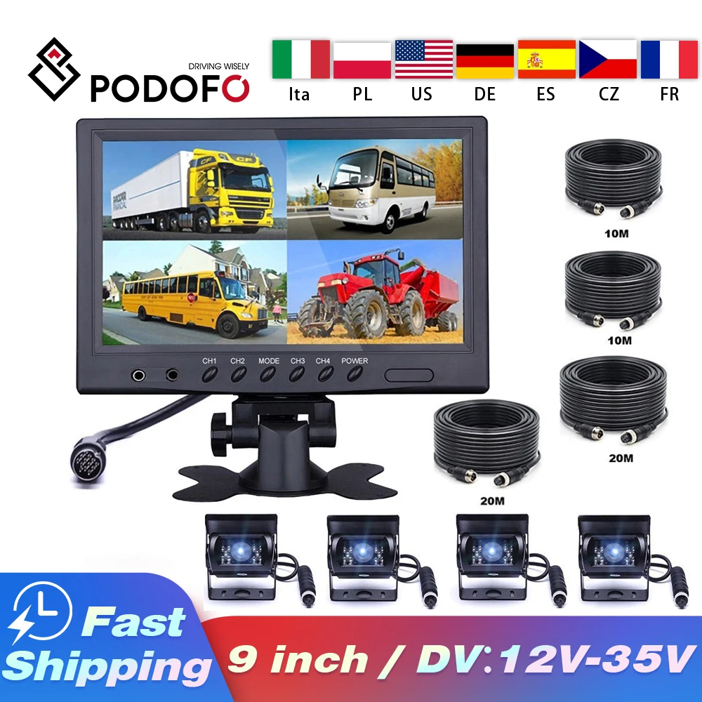 Podofo Vehicle Car Rear View 9" LCD Monitor 4CH Quad Split Screen Truck ...