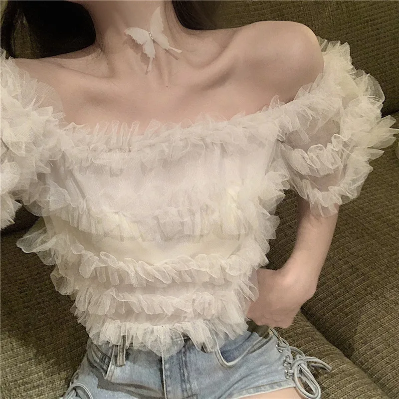 플리티드 프릴 쉬폰 셔츠 여름 한국 슬림 오프 숄더 반팔 탑 단색 흰색 노란색 섹시한 크롭 탑 바디콘 블라우스블라우스