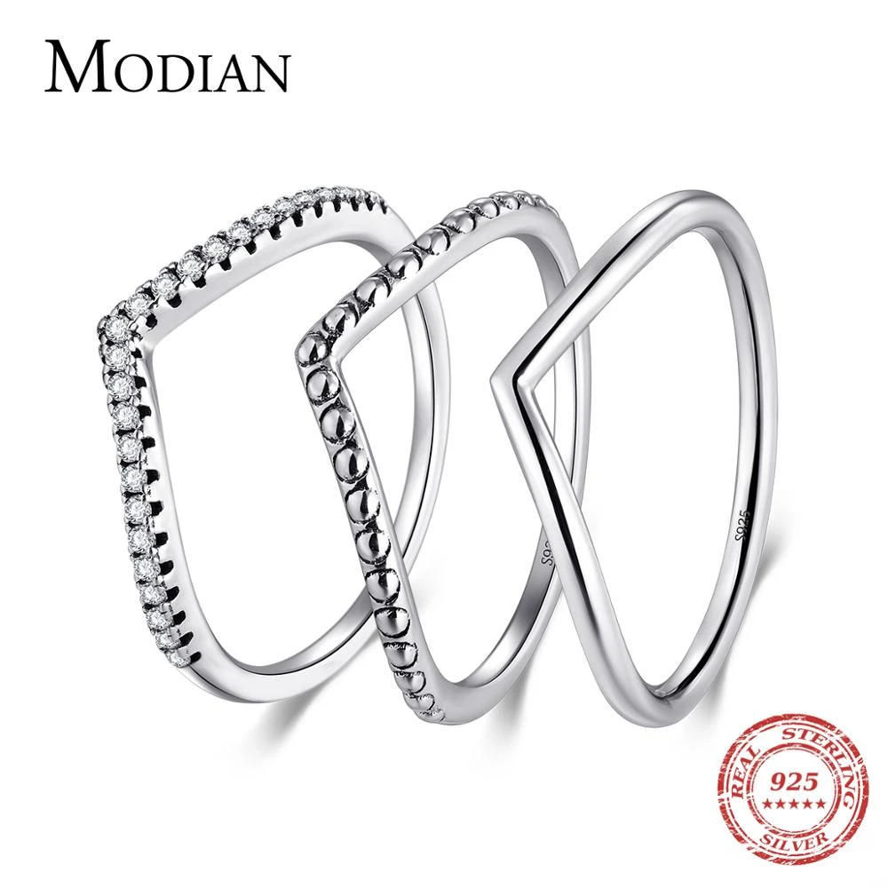 Modian 3 Style Real 925 Sterling Silver Stackable Simple Ring Clear Cz ...