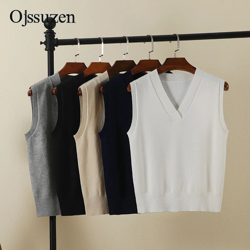 Spring Autumn Winter V Neck Knitted Vest Women's White Grey Sweater ...