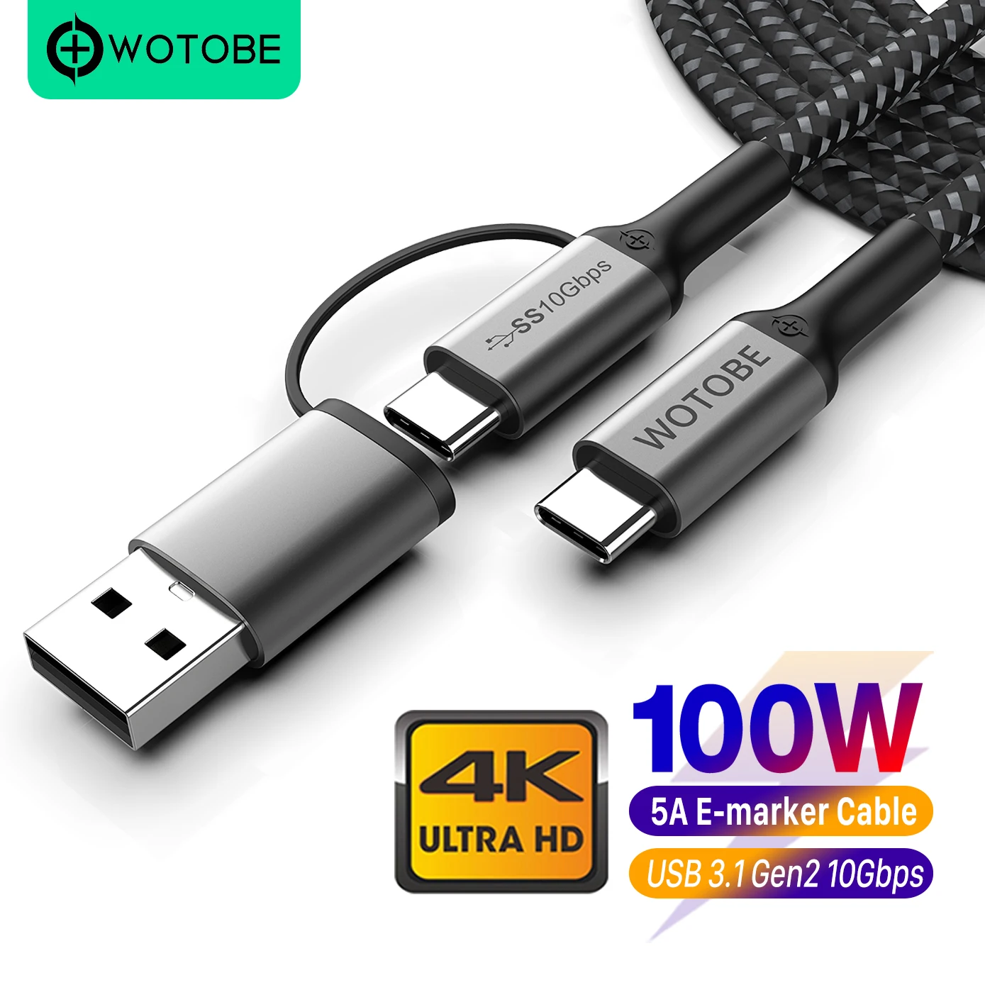 2 In 1 Usb C To Usb C Cable 5a E-mark Pd100w Usb 3.1 Gen2 10gbps 4k ...