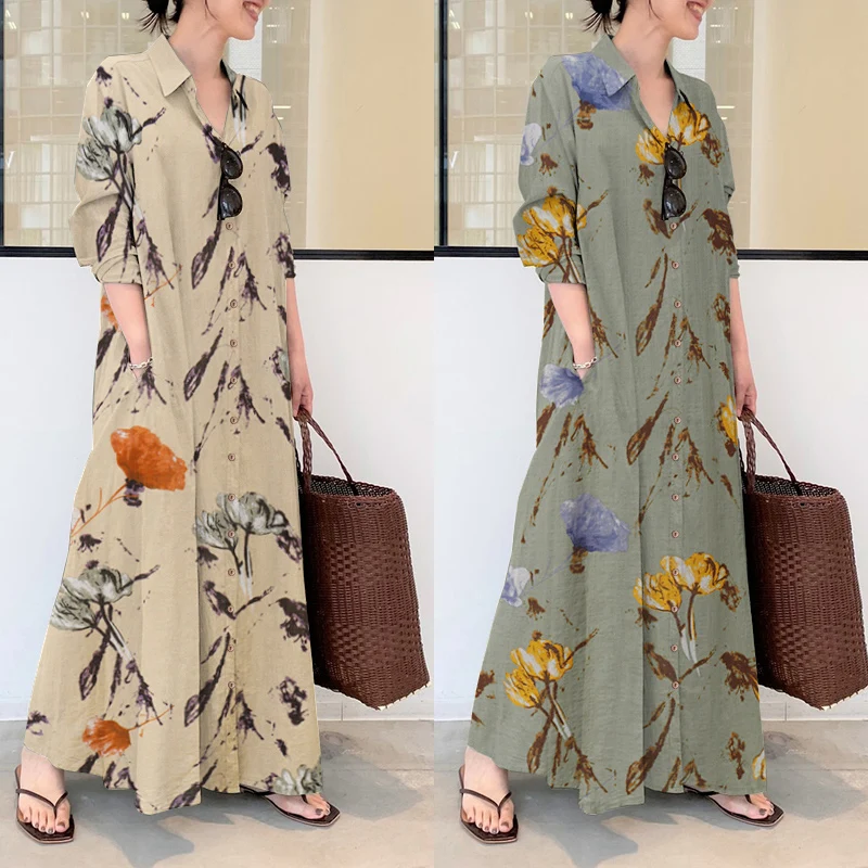 Elegant Printed Shirt Dress Women's Autumn Sundress ZANZEA Casual Long ...