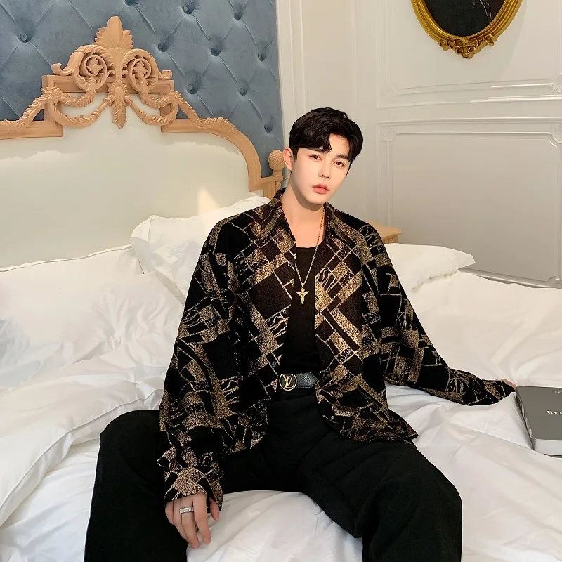 Men Shirt Cardigan Male Long Sleeve Gold Pattern Loose Business Casual ...