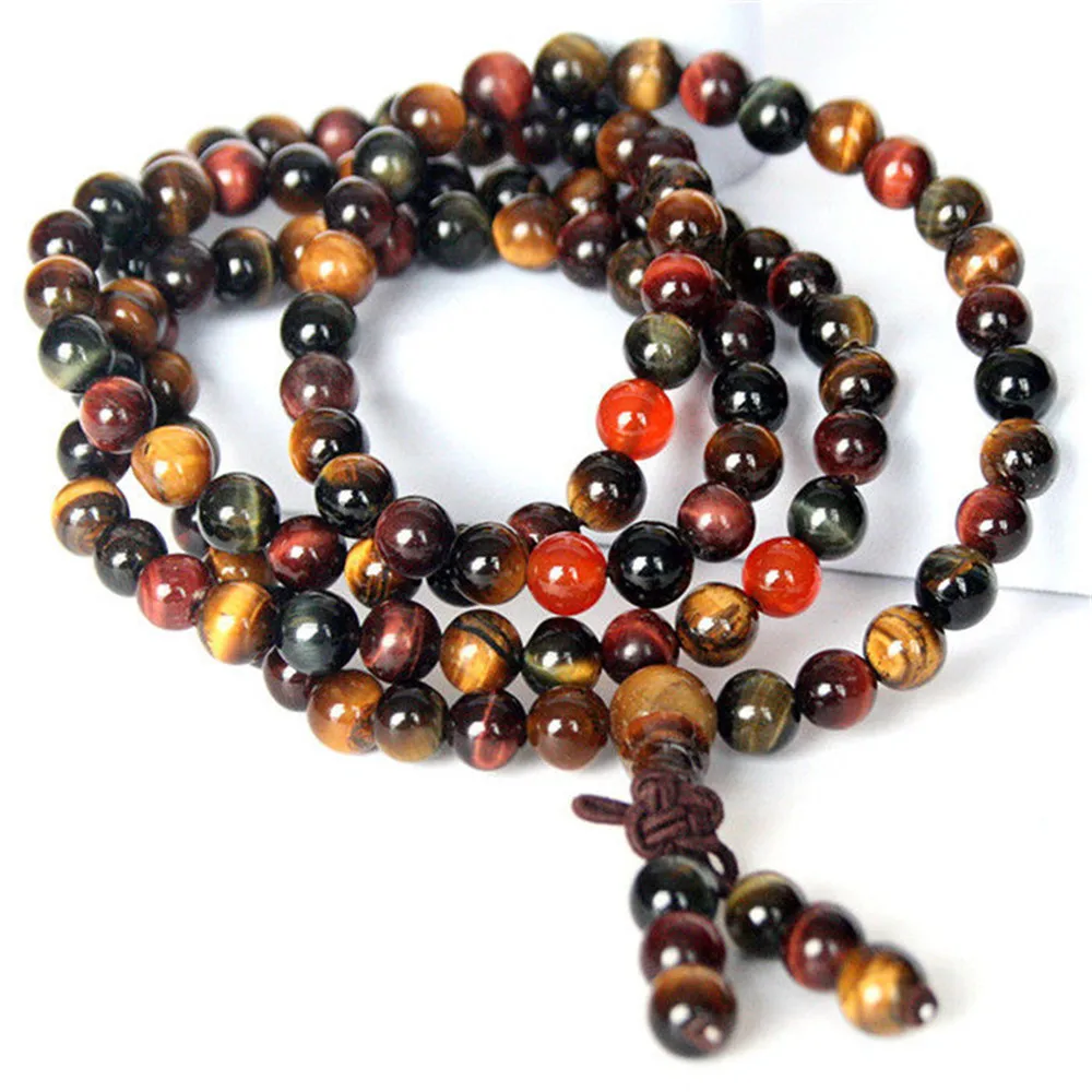 6mm Multicolor Tiger Eye Stone Tassel 108 Bead Mala Bracelet Wristband ...