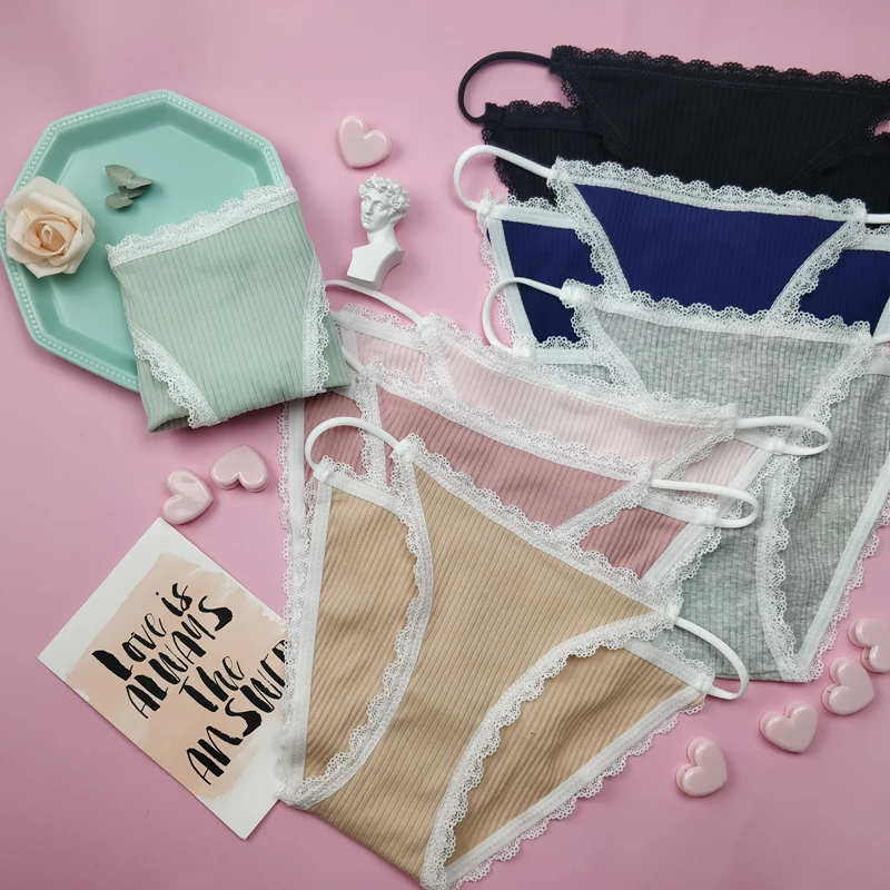 일본식 레이스 코튼 원활한 팬티 귀여운 부드러운 여자 속옷 스트라이프 무늬 섹시한 팬티 여성 란제리 솔리드 끈여성용 팬티