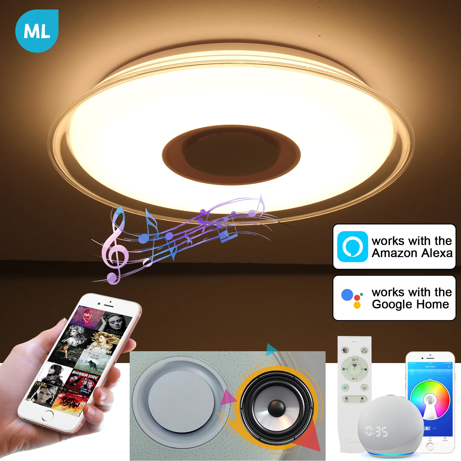 55cm 52W Smart LED Ceiling Light, Dimmable Bluetooth Speaker Voice ...