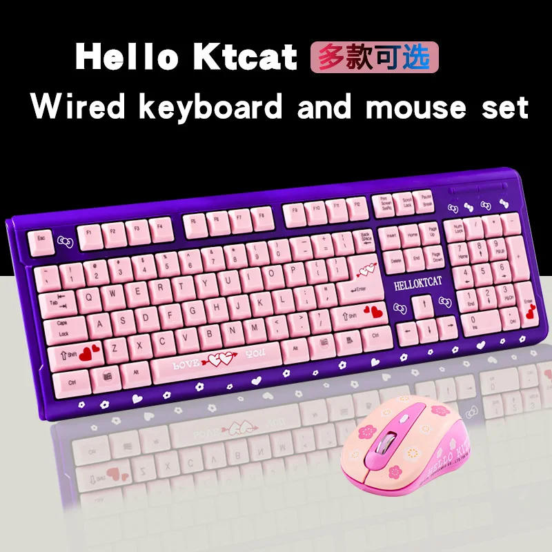 Pink Keyboard And Mouse Set Cute Girl Cartoon Cat Desktop Computer ...