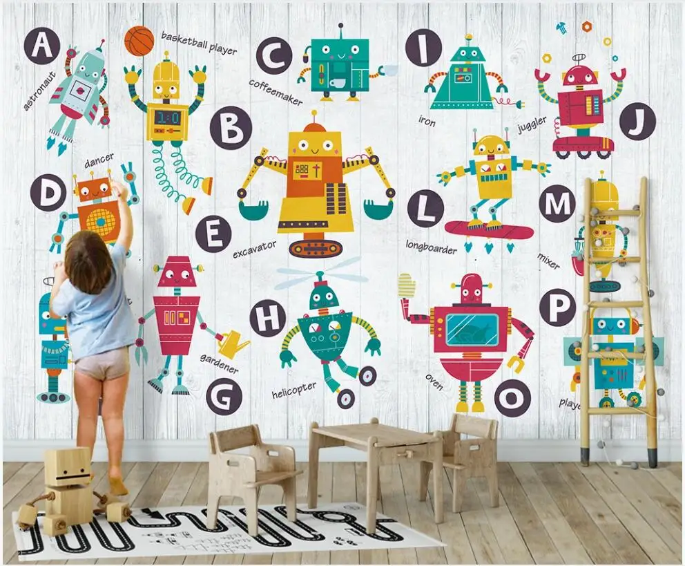 3d-wallpaper-custom-photo-mural-Hand-drawn-cartoon-robot-wooden-board ...