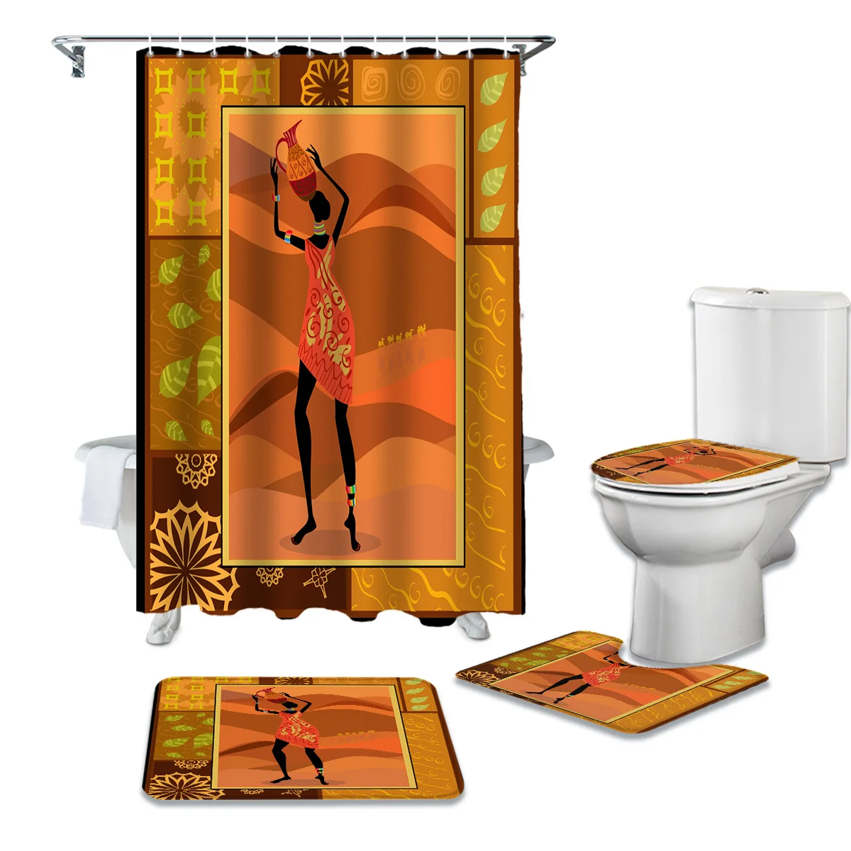 African Women Waterproof Bath Shower Curtain Rug Set Non Slip Bath Mat