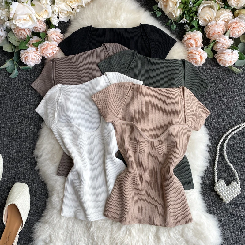 Women V-neck Knitted Short Sleeve Draw String T-shirts Crop Tops Girls ...