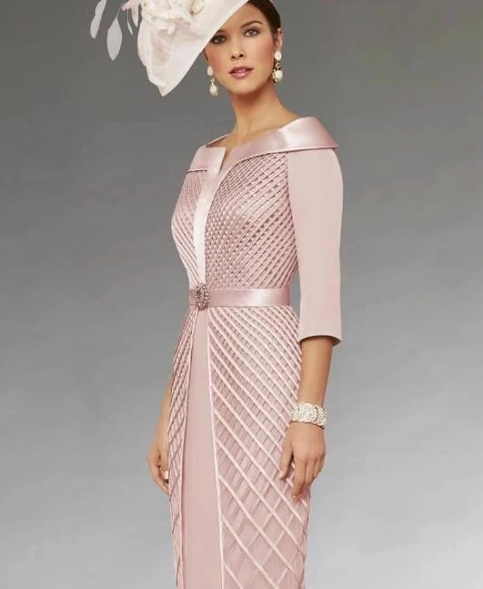 3-4-Sleeves-Mother-Of-The-Bride-Dresses-Sheath-Knee-Length-Satin-Pearls ...