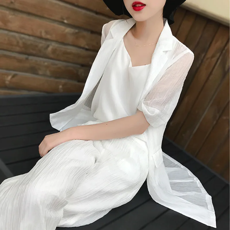 여성용 쉬폰 바지 정장 결혼식 정장 우아한 숙녀 봄여름 2 피스흰색 상의 바지 세트 바지 정장 플러스 사이즈바지