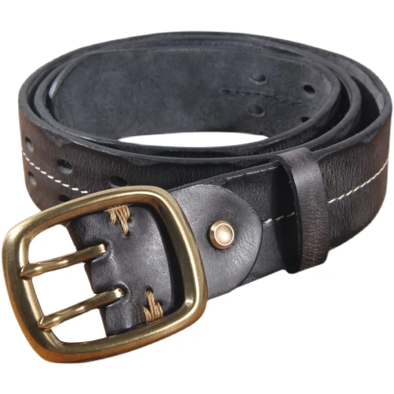 Vintage Men's 3.8cm Wide Double Breasted Belt 100% Cowhide Double Prong ...