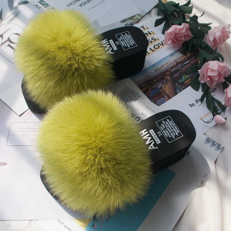 Chausson,Pantoufles à semelles compensées pour femmes, en fourrure de ...