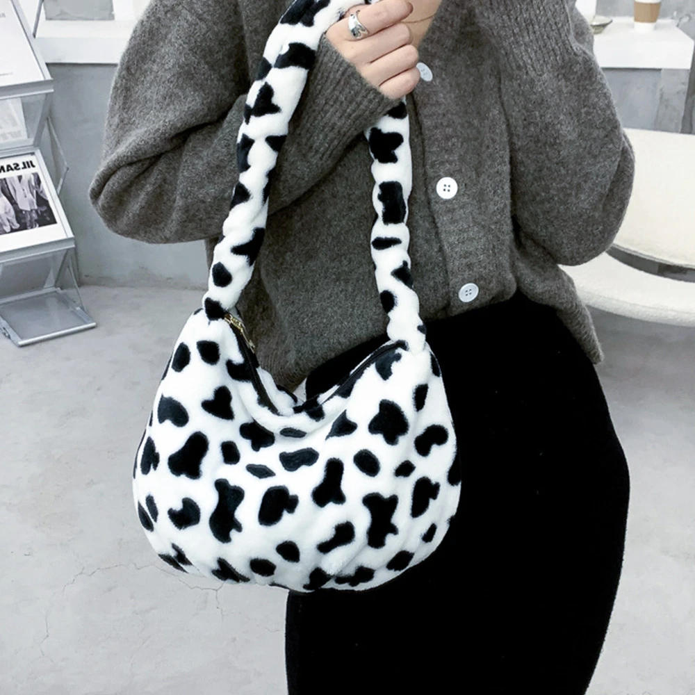 Cow Print Fuzzy Shoulder Bag -SHEIN | atelier-yuwa.ciao.jp