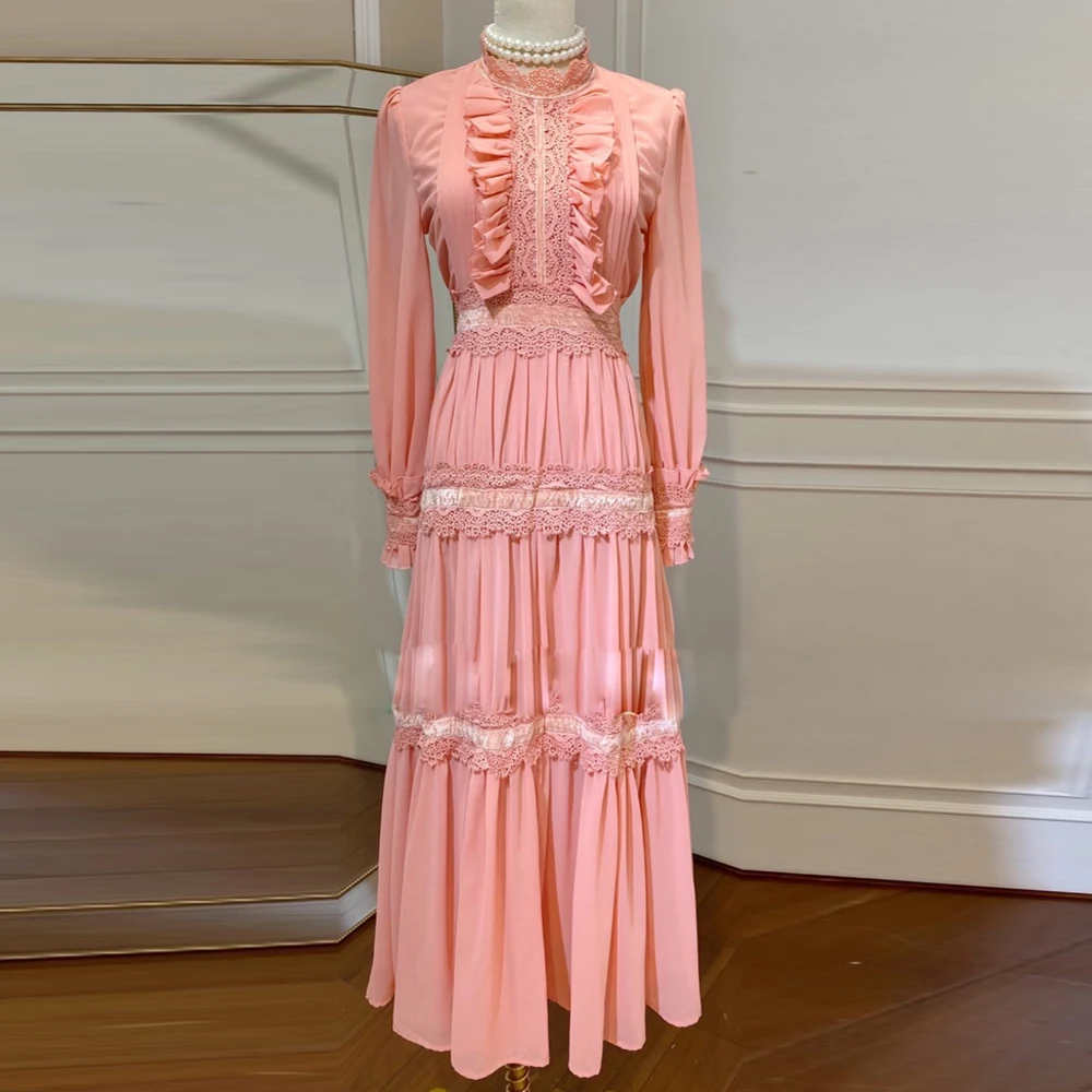 Красное дизайнерское женское весеннее платье с длинным рукавом и рюшами ...