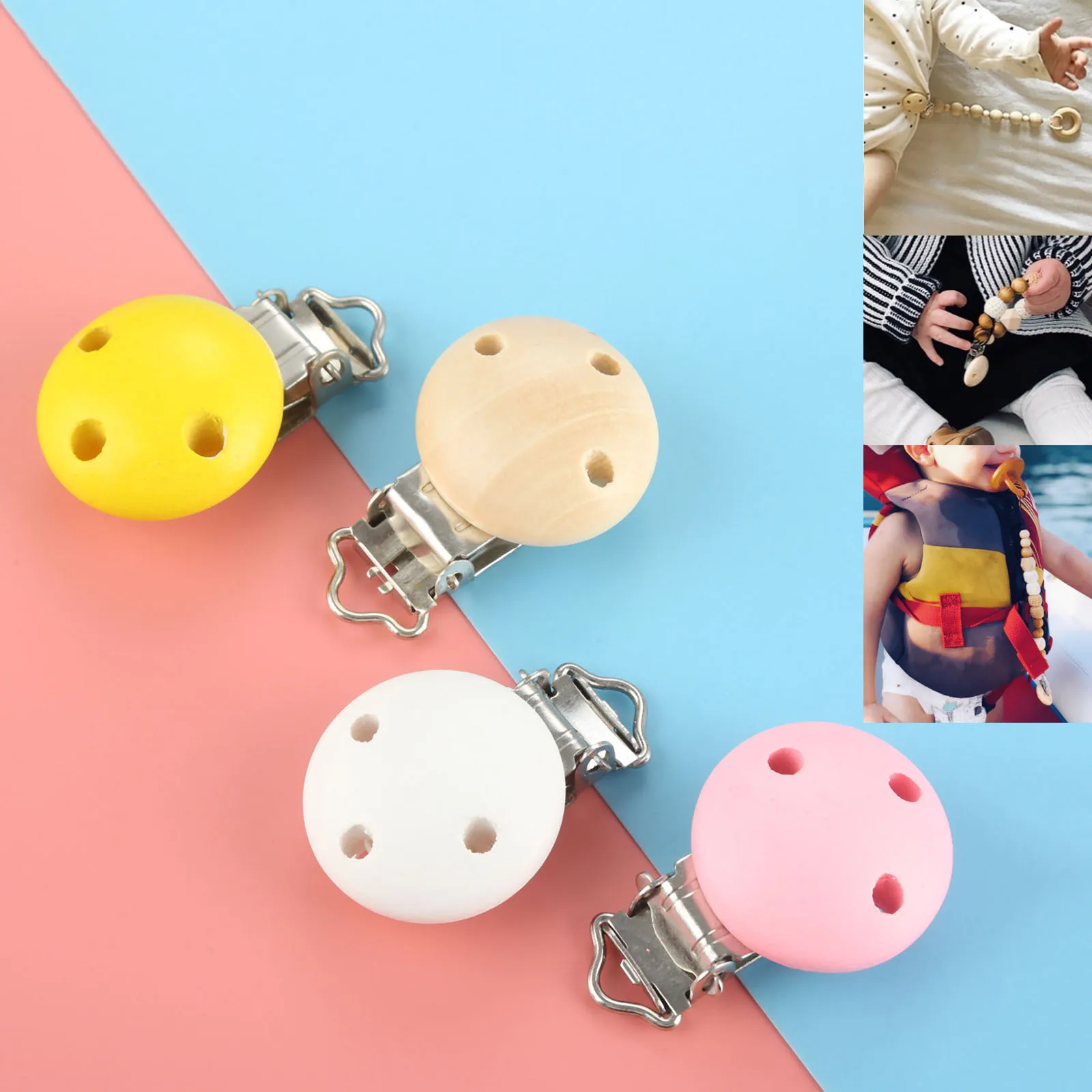 5pcs-set-Natural-Wooden-Baby-Pacifier-Clips-Wood-White-Pink-Yellow-Hole ...