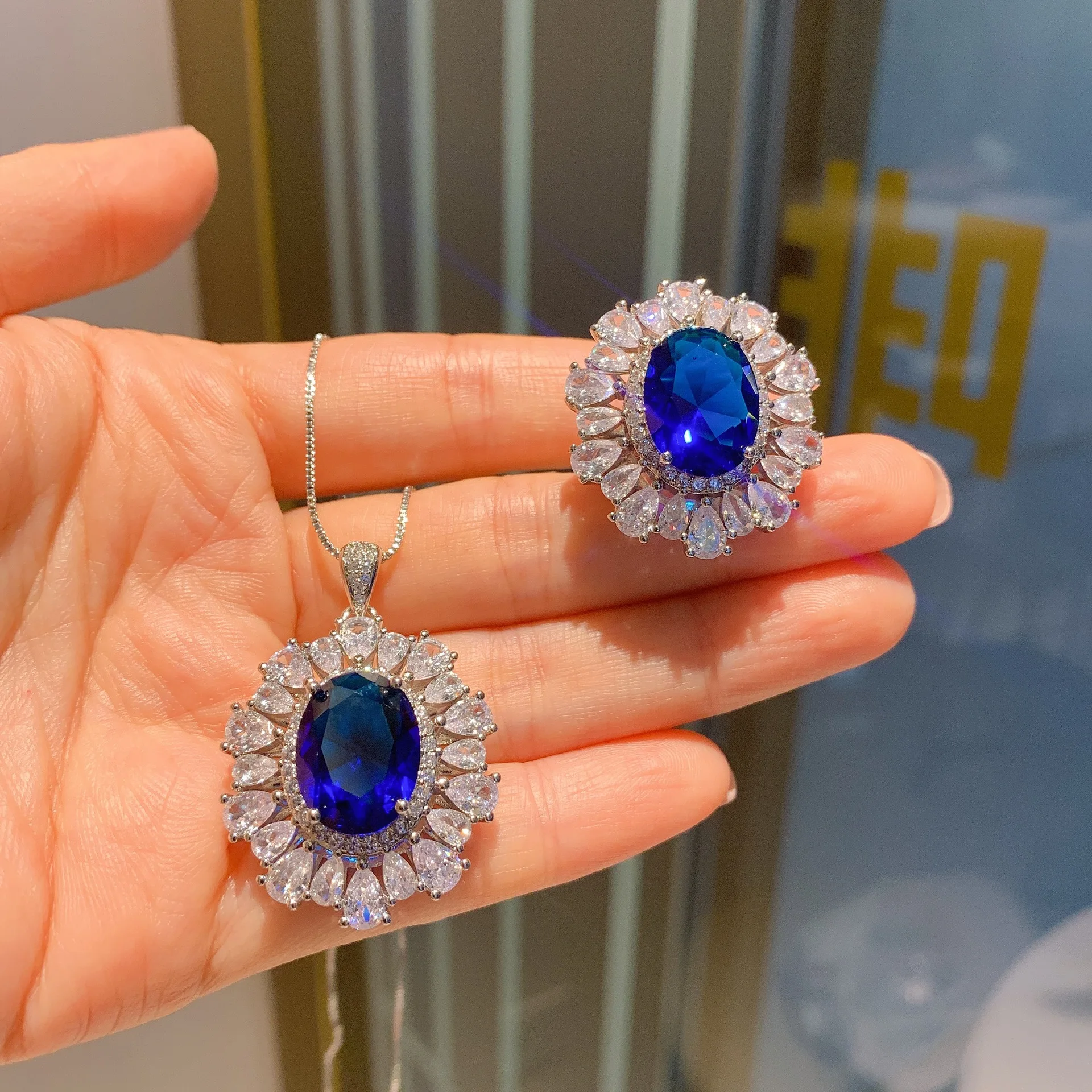 Luxury-Oval-Shape-Lab-Sapphire-Stone-Jewelry-Sets-for-Female-SIlver ...