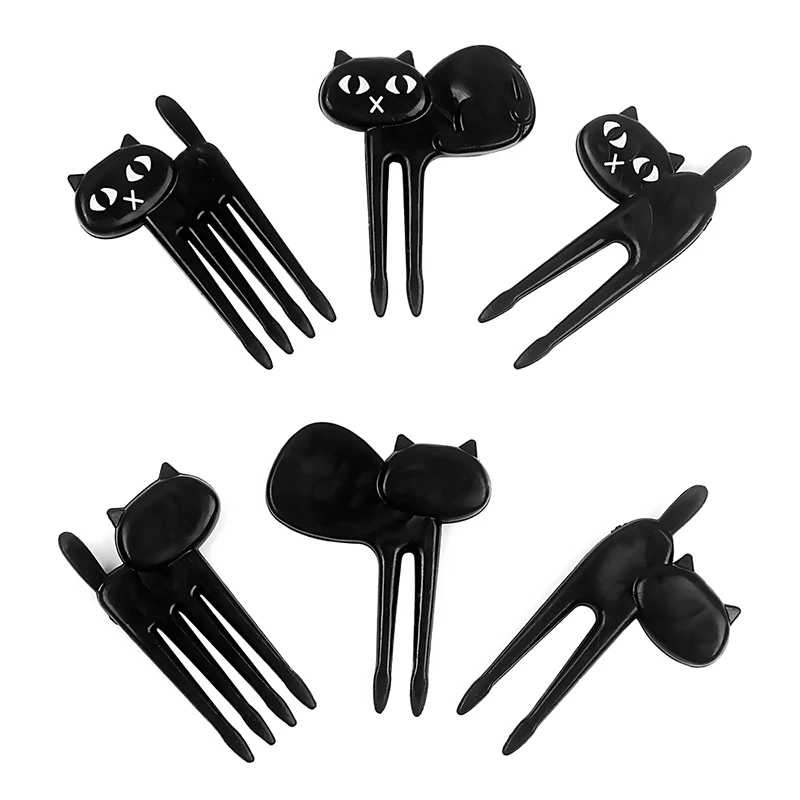 6pcs/set Black Cat Fruit Fork Cute Cartoon Baby Fork Toothpick Gadgets ...