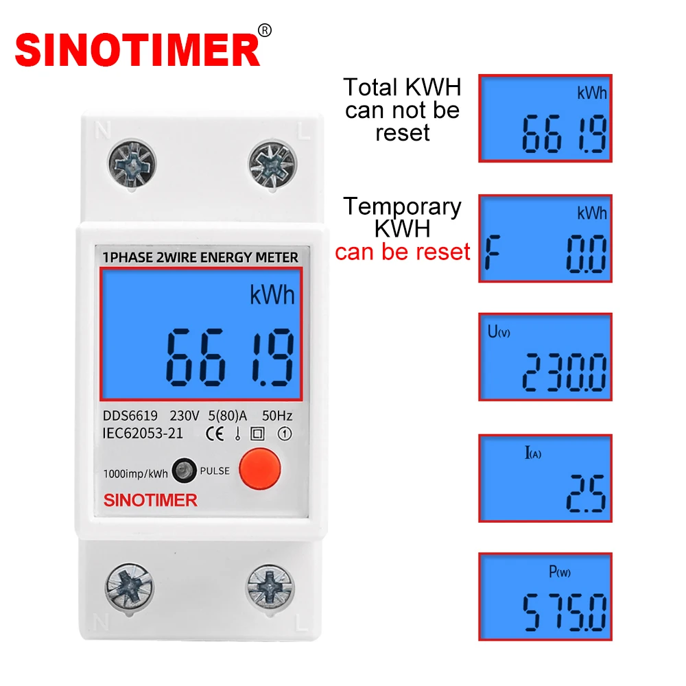 Backlight Single Phase 230v 5(80)a Digital Wattemeter Din Rail Electric ...